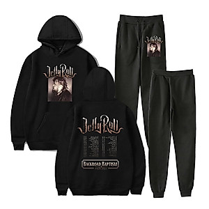 MARLLEGEBEE Jelly Roll Backroad Baptism Tour 2023 Hoodie Jogger Pants Two Piece Sets Sweatshirts+Sweatpants Women Men's Set (black,XXXXL)
