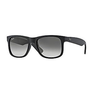 Ray Ban RB4165 Justin Rectangular Sunglasses, Rubber Black/Gradient Grey, 55 mm
