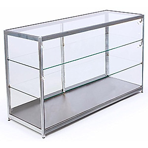 Displays2go 6’ Counter Glass Showcases with Side Lighting, Lockable, Tempered Glass Shelves, Aluminum Frame – Silver (JBQCT72LED)