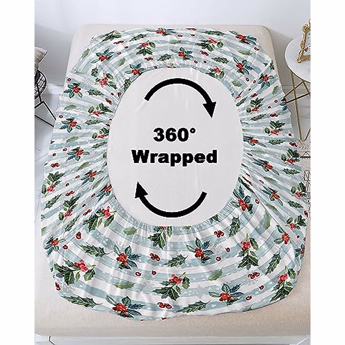 Full Size Fitted Sheet Bed Set Merry Christmas Holly Branch with Berry Deep Pocket Soft Bottom Sheets&Pillowcases for Bedroom Decor White and Blue Stripe,Fits Mattress Up to 16" Deep
