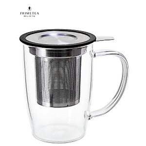 Prime Tea - Glass Teacup with Tea Infuser, 16oz / 470 ml, Hand Blown, Single Wall, Heat Resistance Borosilicate Glass Teacups for Blooming Tea & Loose Leaf Tea, Microwave & Dishwasher Safe (Black)