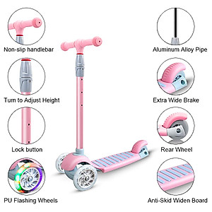 67i Scooters for Kids 2+ Year Old, Kids Scooter 3 Wheel, Toddler Scooter with Lean-to-Steer System and 4 Height-Adjustable Handlebar (Pink)