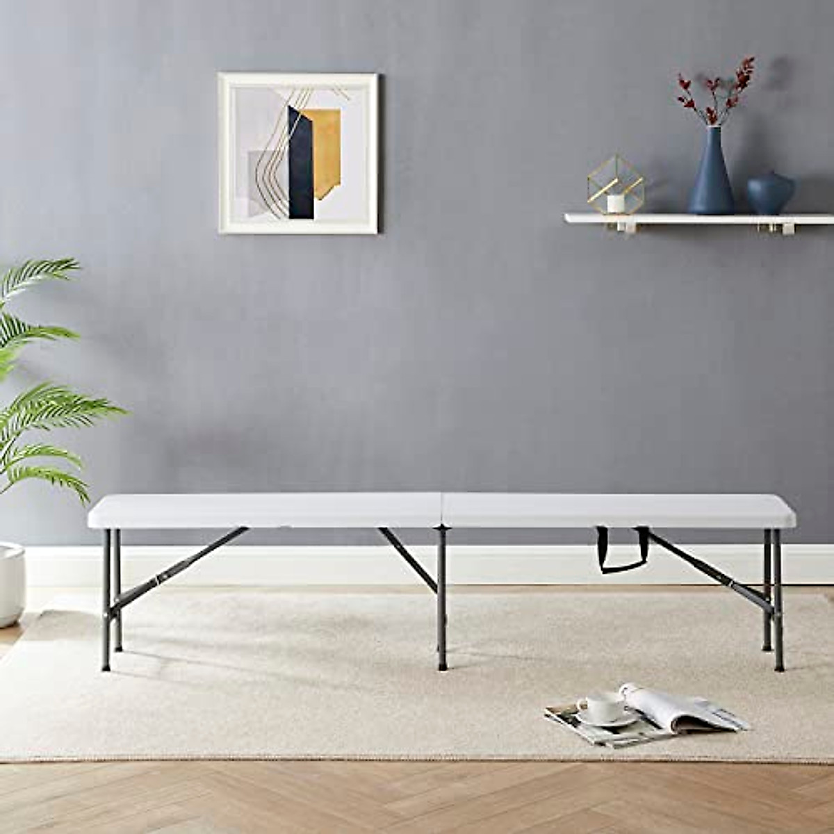 Naomi Home Resin Folding Soccer Bench, Foldable Garden Bench, Weatherproof White Bench, 6 Seat Narrow Folding Table, Outdoor Picnic Benches, 1.4 Feet Fold-Up Bench White