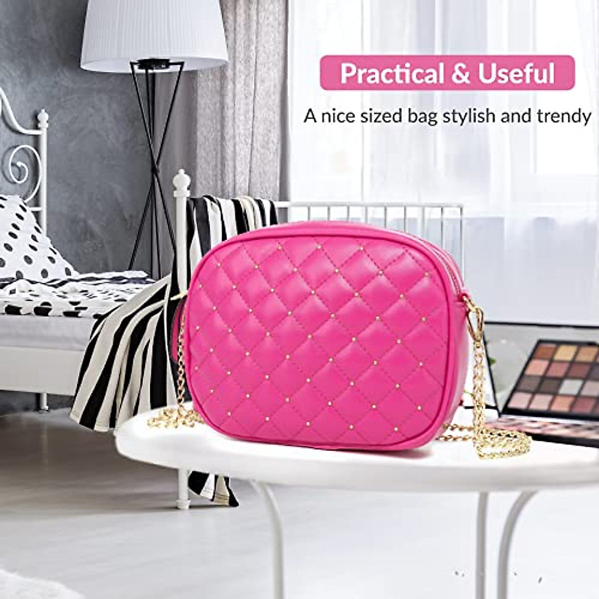 Girls Hot Pink Shoulder Crossbody Purse and Handbag - Teens Cute Small Trendy Quilted Lather Satchel - Messenger Bags Wallet Travel Bag for Women