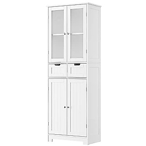 HORSTORS Tall Storage Cabinet, Freestanding Kitchen Pantry Cabinet with Glass Doors and Shelves, Large Modern Cupboard with 2 Drawers for Home Office, White, 23.6" L x 11.8" D x 66.9" H