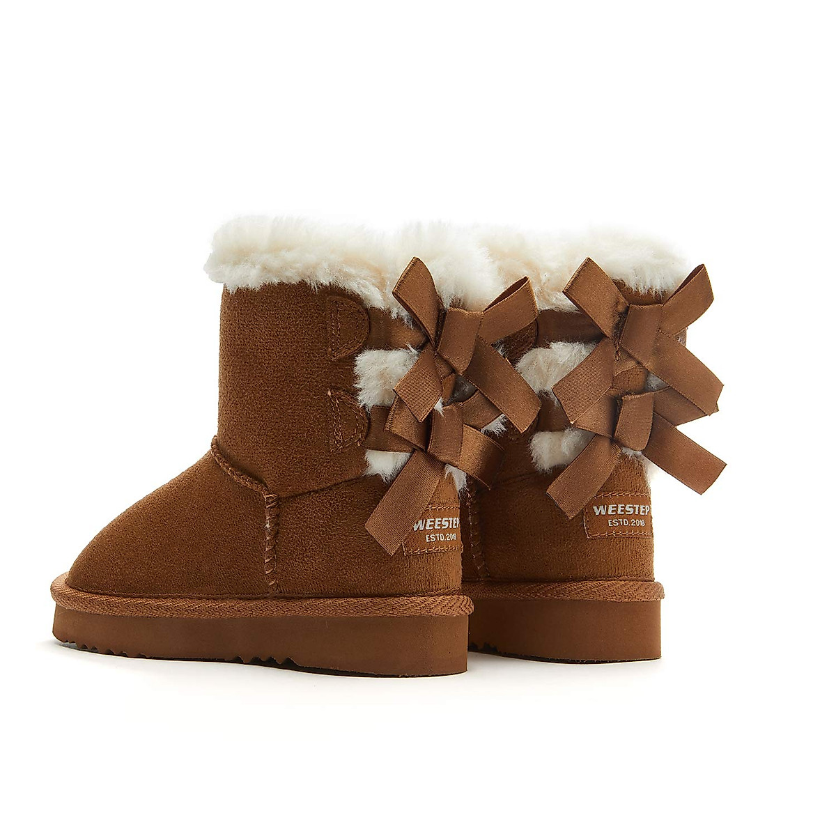 Weestep Girls Toddler Little Kid Warm Fur Winter Ankle Flat Snow Boot(1 Little Kid, Bow Brown)