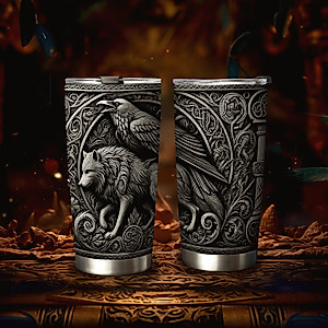 20oz Raven Wolf Tumbler, Viking Gifts for Men, Norse Mythology Gifts, Coffee Thermos, Viking Celtic Wolf Raven Tumbler Cup, Stainless Steel Double Wall Vacuum Insulated Coffee Mug, Travel Cup with Lid