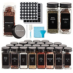 Skiileor 25 Pcs Spice Jars with Label- Glass Spice Jars with Black Metal Caps,Shaker Lids, Funnel, Chalk Pen, Brush,Cleaning Cloth 4oz Seasoning Containers Bottles for Spice Rack, Cabinet, Drawer