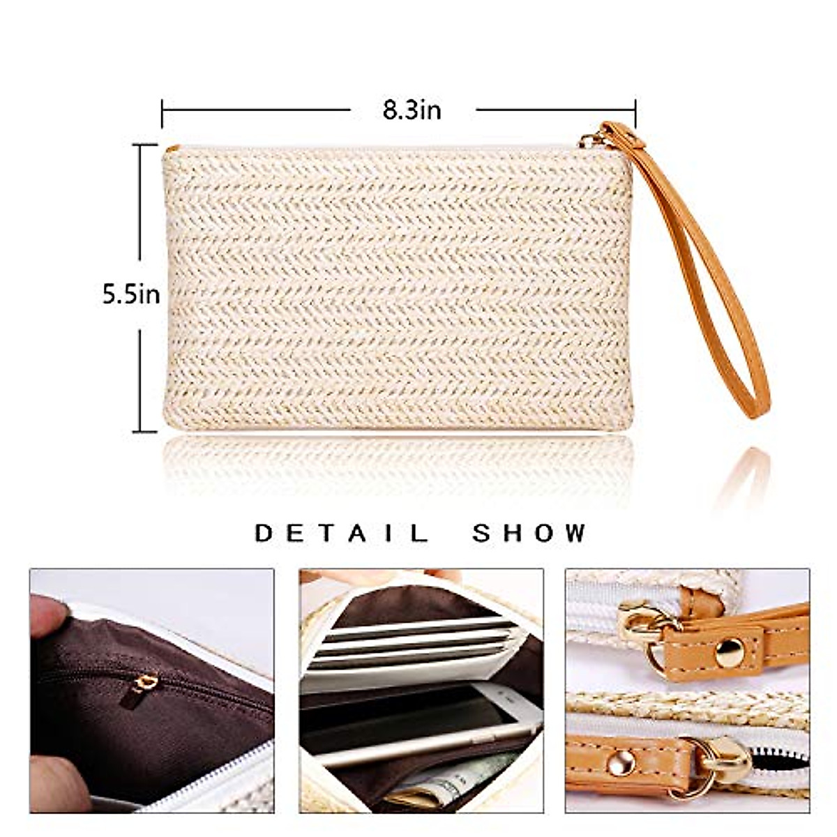 COOKOOKY Women's Straw Clutch Bag Bohemian Zipper Wristlet Womens Summer Beach Sea Purse Straw Wallets For Women (Beige- White)