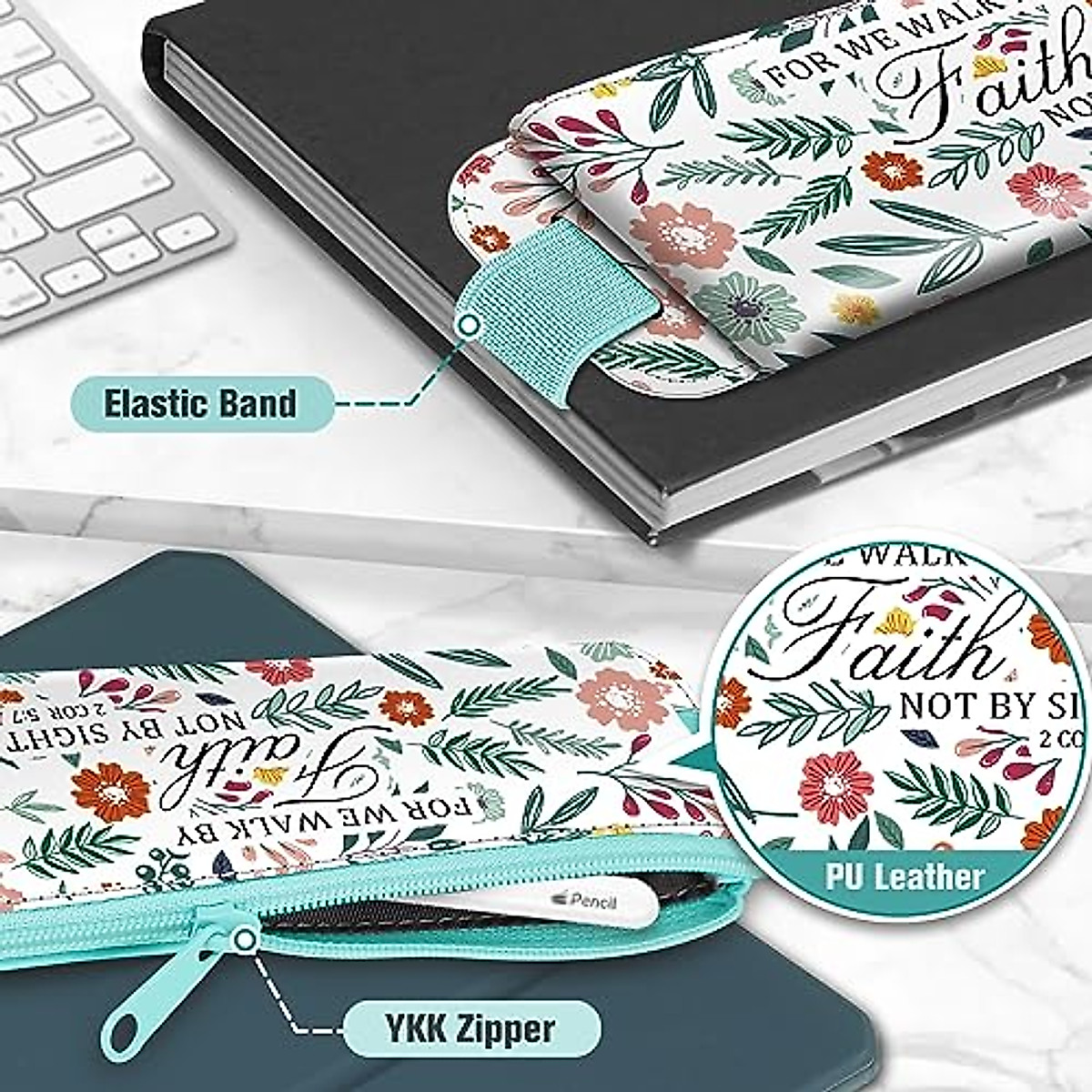 FINPAC 2-Pack Elastic Pencil Case for Notebook, Leather Pen Holder Stationery Zipper Bag for Pencils, Markers, Pen Pouch w/Elastic Band for Bible Journaling, Planners, Tablets (Spring Bloom & Lilac)