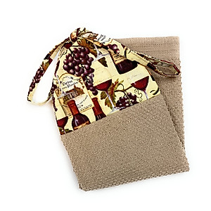 Wine Bottles Glasses and Grapes Ties On Stays Put Tan Kitchen Bathroom Hanging Loop Hand Dish Towel She Who Sews