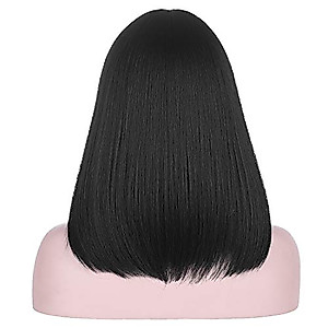 AMZCOS 15 Inch Short Straight Black Bob Wig with Bangs | Natural Heat Resistant Synthetic Hair for Women