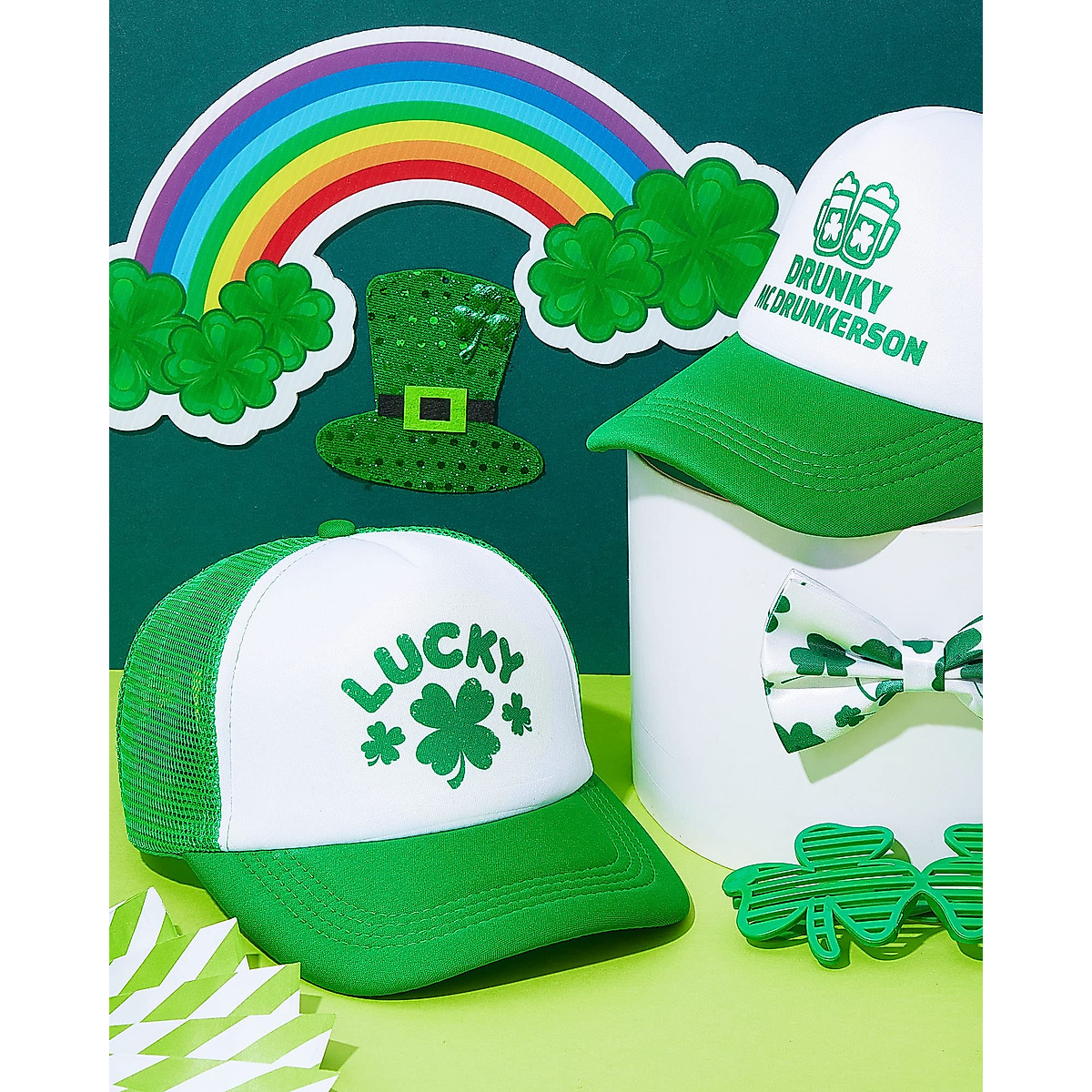 St. Patrick's Day Trucker Hat 2 Pieces Irish Green Mesh Cap Shamrock Hat Saint Patrick's Day Accessories Four-Leaf Clover Baseball Cap