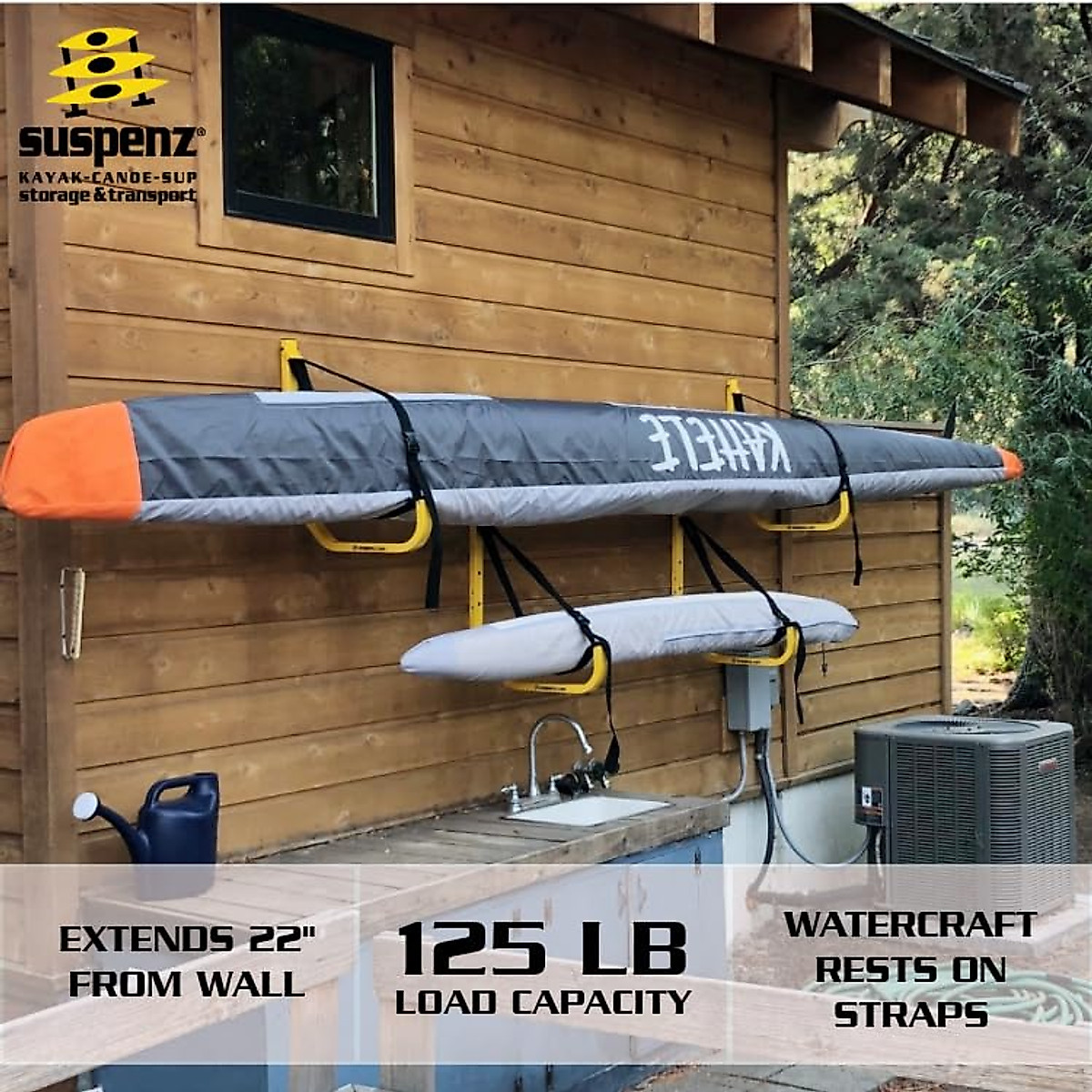 Suspenz Kayak Canoe SUP Storage Hanger for Garage Wall, Indoor Outdoor, Jay Rack Hook, Holds up to 125 lbs, Yellow, (11-0001)