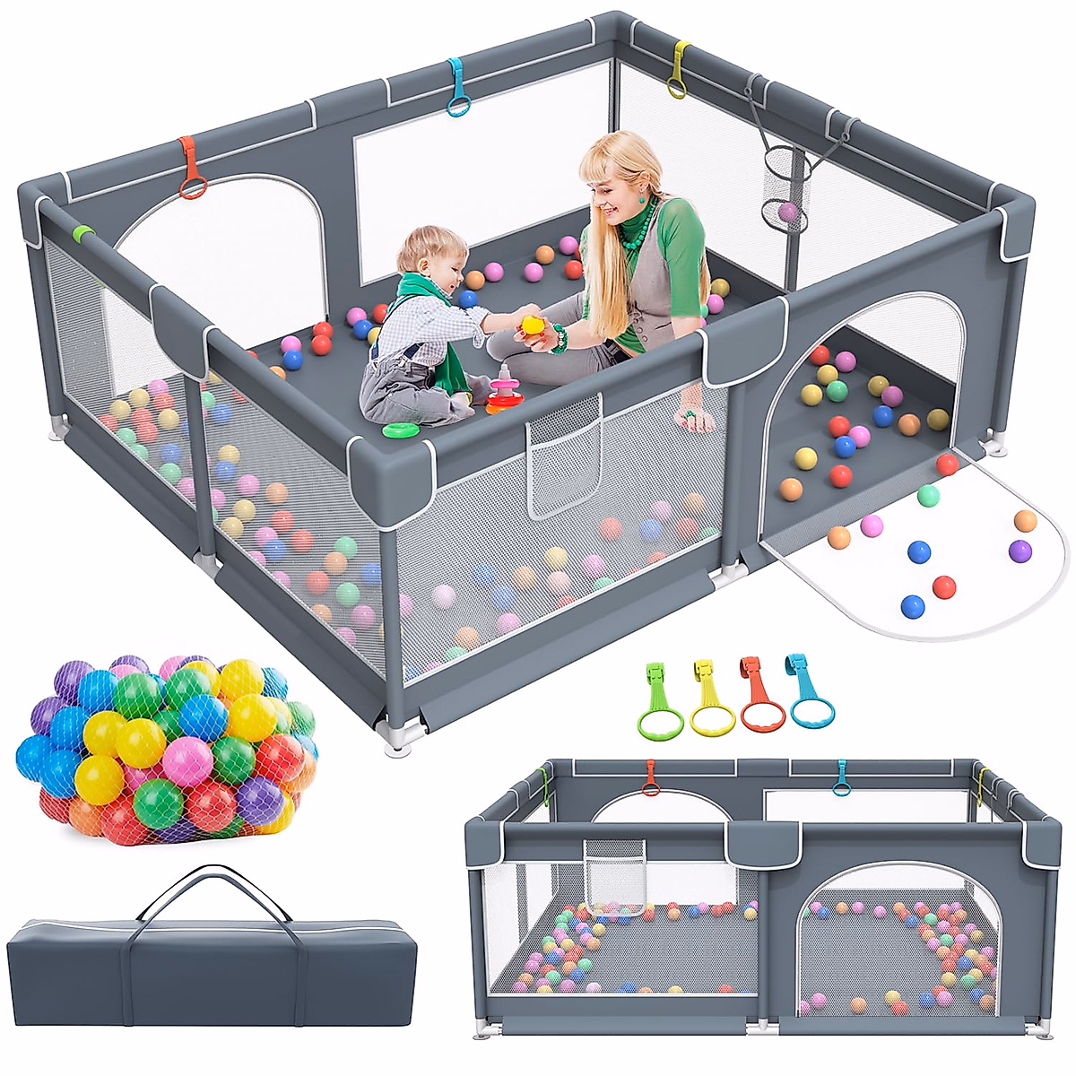 Baby Playpen, 79" x 63" Extra Large Play Yard Playpen for Babies and Toddlers with 50 Ocean Balls, Indoor & Outdoor Safety Baby Activity Center with Breathable Mesh, Anti-Slip Suckers and Zipper Gate