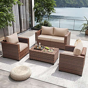 UDPATIO Outdoor Patio Furniture, 4 Pieces Outdoor Sectional Patio Set with Storage Coffee Table and Khaki Cushions, Patio Loveseats Balcony Furniture for Small Space
