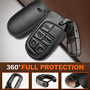 Slohif Leather Key Fob Cover Accessories for Jeep for Grand Cherokee Renegade Chrysler 200 300 Dodge RAM Durango Challenger Journey Dart Fiat 5 Buttons, Leather Case+D-Ring+Hook(Black)