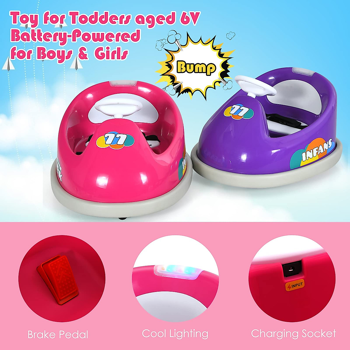 INFANS Kids Ride On Car, 6V Bumper Car Electric Vehicles with 2 Driving Modes,360 Degree Spin, Remote Control, LED Lights, Music, Bluetooth, Rechargeable Battery Powered Toys (Blue)