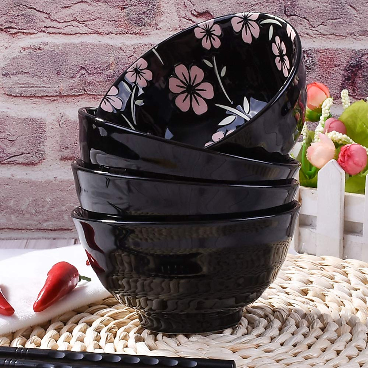 Whitenesser Japanese Style Rice Bowls set of 4, Ceramic Rice Bowls for Soup Cereal Oat (4, Black Sakura)