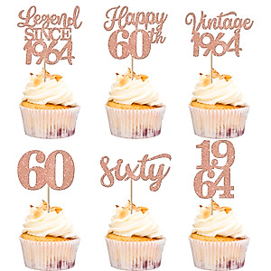 Rsstarxi 48 Pack Vintage 1964 Cupcake Toppers Legend Since 1964 Sixty Cupcake Picks Happy 60th Number 60 Cupcake Topper for 60th Birthday Wedding Anniversary Party Cake Decorations Rose Gold