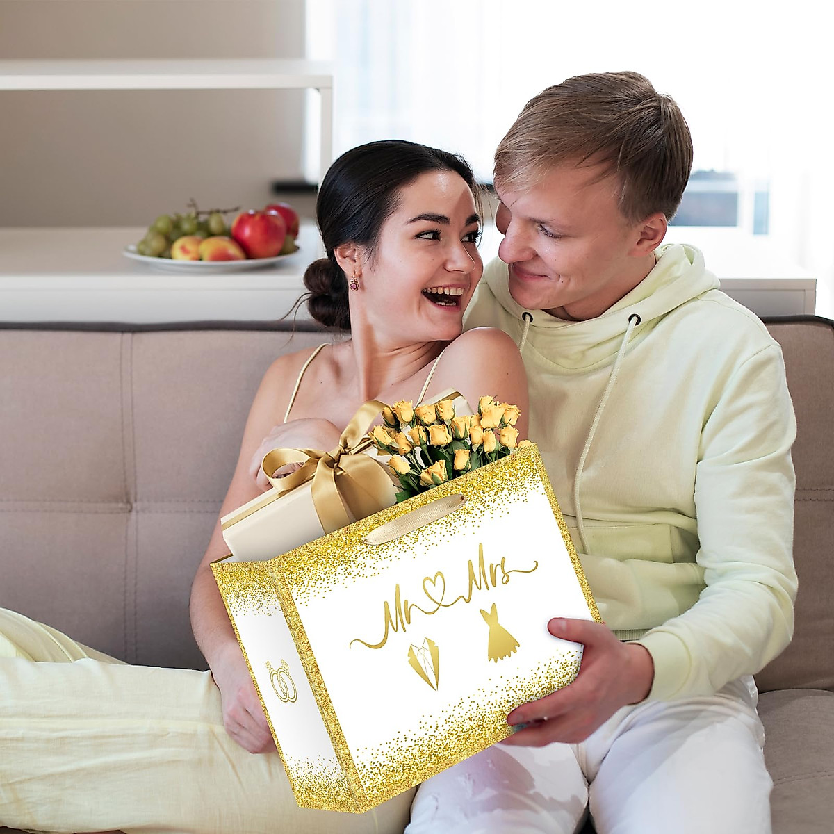 Wedding Gift Bag Bridal Shower Gift Bags Bride Gift Bag large Mrs and Mr Gift Bag White Gold Wrapping Paper Bag with Tissue Paper Card Bridal Anniversary Wedding Engagement Shower Gift Bag for Couple