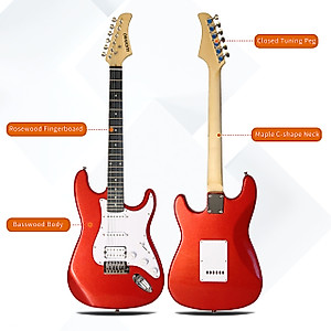 LUCKWBQ 39in Full Size Electric Guitar Beginners Kit,Electric Guitar Starter Kit，Red w/Aceesccories, Bag, Picks, Strap, 6 Strings, Tremolo Arm - Guitarra Electrica for Starters, Adults, Kids, Travel