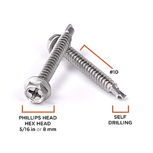 THE CIMPLE CO #8 Size, 1/2" Length (13mm) - Self Tapping/Drilling Screw - 410 Stainless Steel (Exceptional Wear and Very Corrosion Resistant) - Hex and Phillips Head - 100pcs