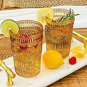 Kate Aspen Vintage Textured Amber Striped Drinking Glasses Set of 6-13 oz Ribbed Glassware with Flower Design | Cocktail Set, Juice Glass, Iced Coffee Cup