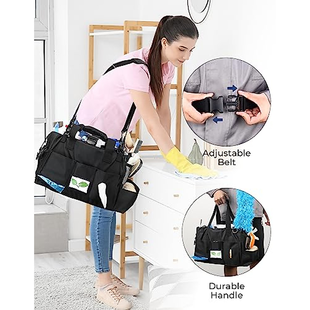 F40C4TMP Double Leaves Large Wearable Cleaning Caddy Bags for Housekeepers, Cleaning Supplies Organizer, Tools Tote with Handle for Housekeeping and Car Storage, Black
