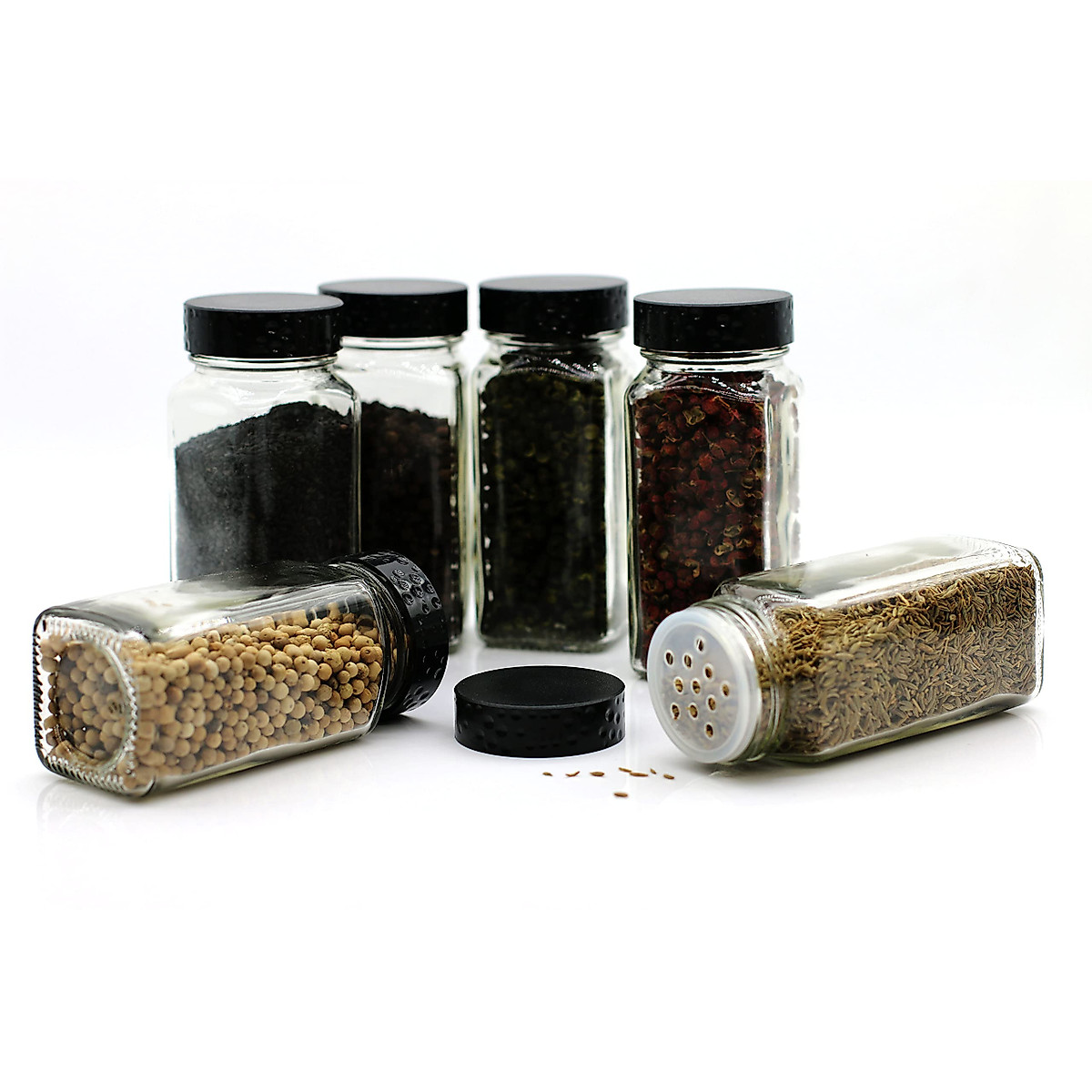 6pcs Black Spice Jars, 4 oz Glass Seasoning Bottles, Spices Container, Empty Spice Jars , Square Spice Bottles with Airtight Plastic Caps with Shaker Lids