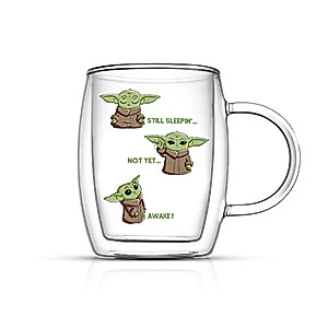JoyJolt Awake! Grogu Coffee Mug Set of 2 Double Wall Mug. 13.5oz Large Espresso Cups, Cappuccino or Latte Cup. Mandalorian Star Wars Mugs, Insulated Coffee Mug, Clear Glass Cups Coffee Cup Set