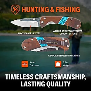 Condor Tool & Knife Blue River Hunter Folder | Hunting Knife | Pocket Knife with a Walnut and Reconstituted Turquoise Stone Handle | Stainless Steel Folding Knife | 3.02in Blade | 5.5oz (3.5mm Thick)