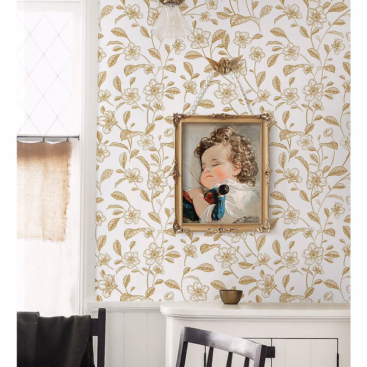 Heroad Brand Floral Peel and Stick Wallpaper Boho Contact Paper White and Gold Leaf Wallpaper Clearance Peel and Stick Wallpaper for Cabinets Shelf Liner Vinyl Roll Self Adhesive 78.7"x17.3"