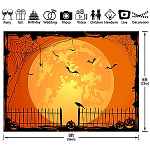 Swepuck 8x6ft Orange Halloween Photo Backdrop for Parties Large Pumpkin Patch Moon Picture Photography Background Kids Witch Haunted House Decorations Banner