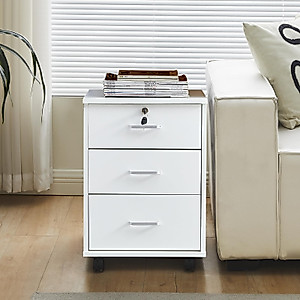TUKAILAi Mobile File Cabinet with 3 Drawers, Under Desk Rolling Filing Cabinet with 4 Wheels for Letter/Legal / A4 Size, Wooden Stationery Storage Cabinet for Home Office (White)