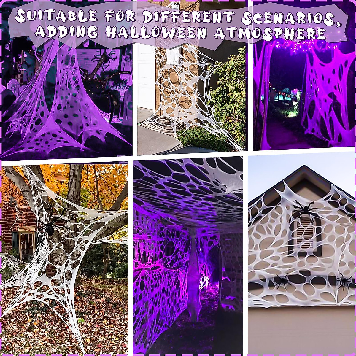 Beef Netting Spider Web for Halloween Outdoor Decoration White Stretchy Beef Netting Roll Spider Web with Purple LED String Lights for Light Up Scary Halloween Yard Garden Decorations