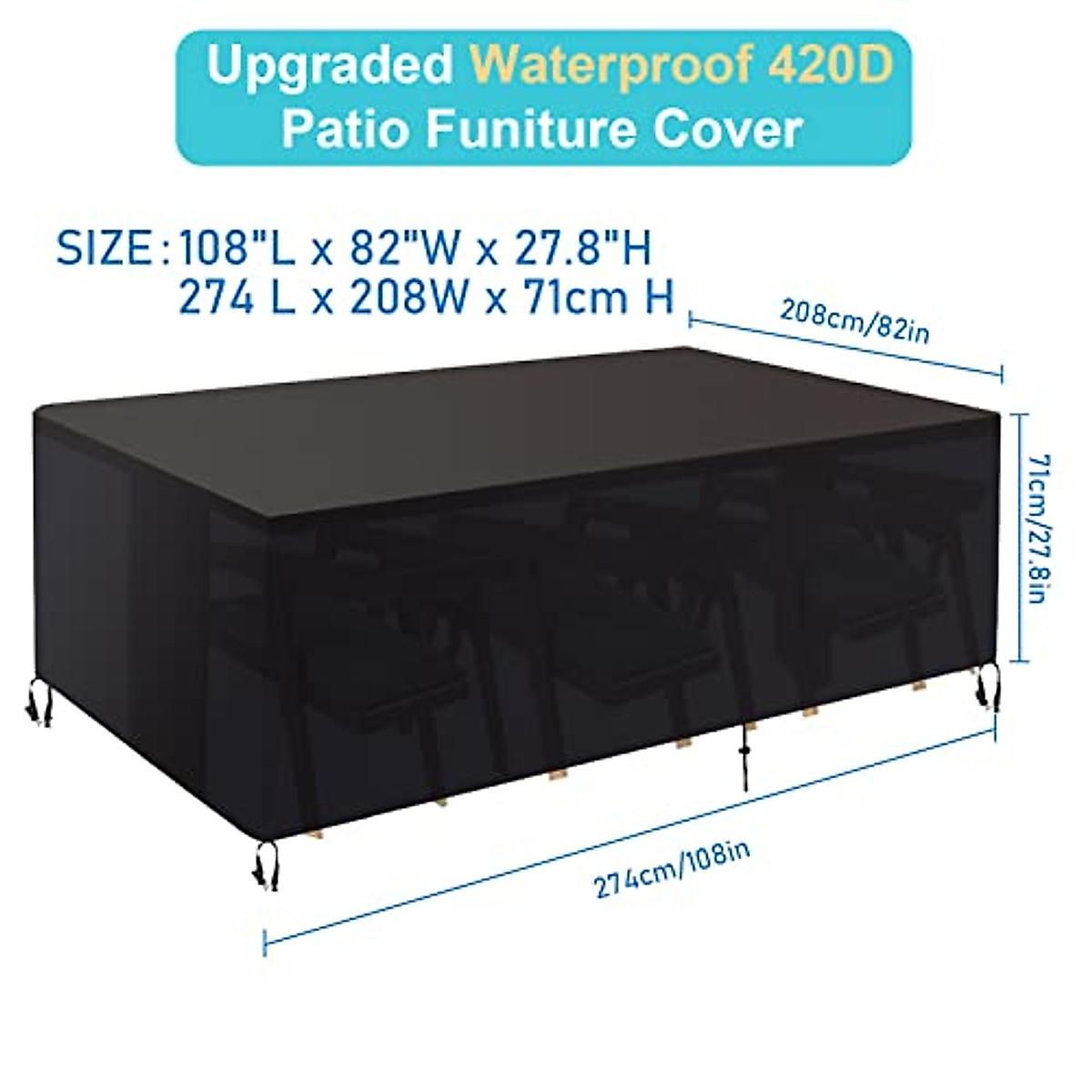 KNHUOS Patio Furniture Covers,108"L x 82"W x 27.8"H Outdoor Furniture Cover Waterproof, Outdoor Table and Chair Set Cover Wind Dust Proof Anti-UV, Durable Patio Furniture Cover，Rectangular