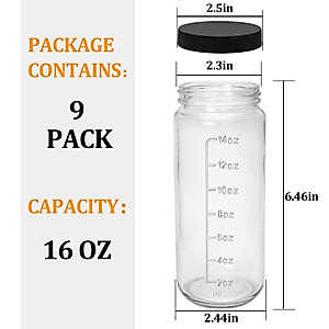 Encheng 16 oz Glass Juice Bottles with Lids,9 Pack Reusable Drinking Jars with Lids and Straws,Clear Round Smoothies Cup for Juicing,Kombucha,Water,Milk,Travel