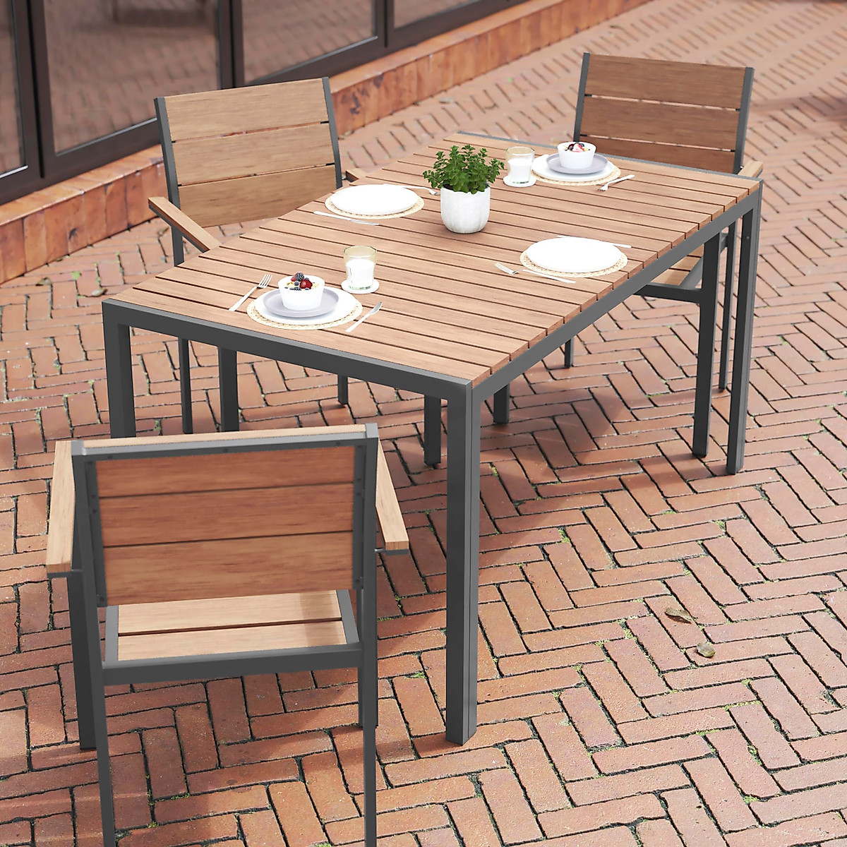Flash Furniture Finch Commercial Grade Outdoor Dining Table 55" x 31" with Faux Teak Poly Slats and Metal Frame, Natural/Gray