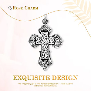RoseCharm Cross Necklace, Stainless Sterling Silver, Stunning & Charmful Pendants, Faith & Elegance, Religious Gifts for Men & Women, Textured Surface, 39.1mm Length and 23.5mm Thickness