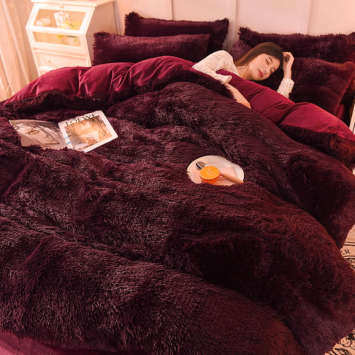 AETVRNI Luxury Plush Shaggy Faux Fur Duvet Cover Set, Super Soft 4 Pieces Dark red Fluffy Comforter Cover Set, Bedding Set(1 Plush Furry Duvet Cover+ 1 Flat Sheet+ 2 Pillow Shams),2,King