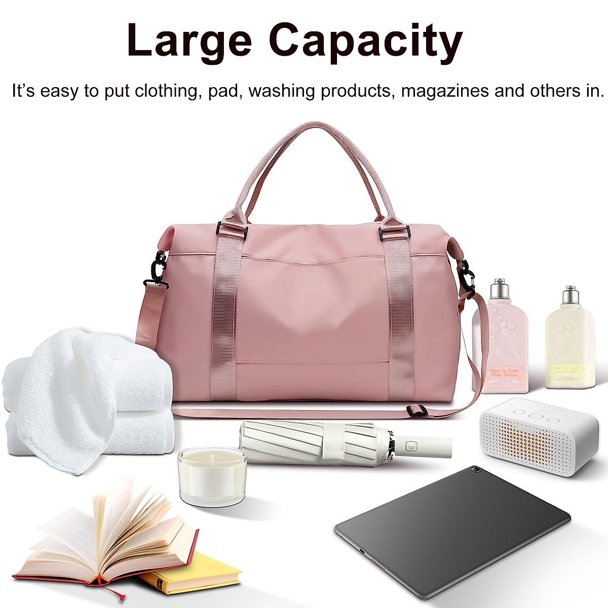 WPODAR Gym Bag for Women, Pink Duffle Bag Tote Bag Shoulder Bag Travel Bag for Women for Plane, Duffle Bag for Swimming Yoga with Dry Wet Separated Pocket for Training