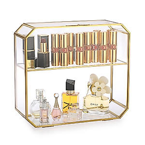 ELLDOO 2 Tier Clear Glass Storage Box, Gold Jewelry Makeup Display Organizer Case, Decorative Tower Box Storage for Trinket Perfume Lipstick Figure Statue Toy Display