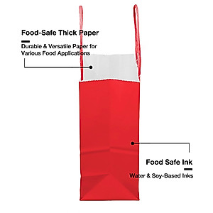 Dsquare 24ct Food Safe Premium Paper & Ink Color Kraft Bag with Handle 8.5 x 5.25 in - Party Favor Gift Bags with Handle, Color Goody Bag, Paper DIY Bag, Environmentally Safe (Small, Red)
