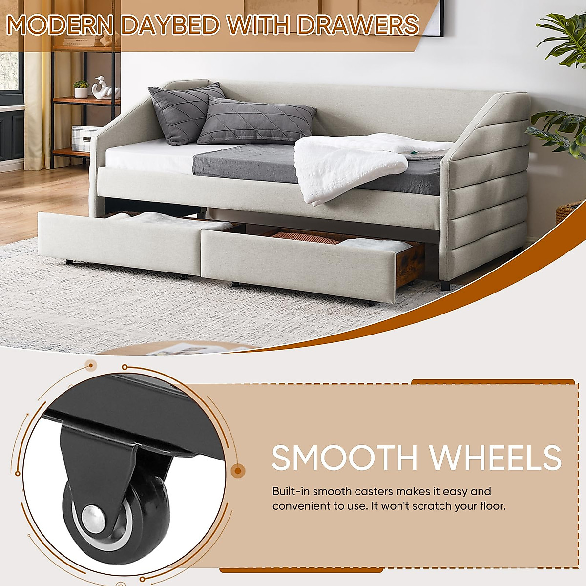 Twin Daybed with Storage Drawers, Upholstered Twin Size Daybed Frame, Modern Sofa Day Bed Frame with Curved Armrests, Linen Fabric Bedroom Furniture Bedframe, No Box Spring Needed (Twin, Beige)