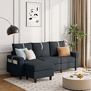 Pingliang Home 80" Sectional Sofas for Living Room, 3 Seat L Shaped Couch with Reversible Ottoman, Modern Linen Fabric Small Sectional Couch for Apartment Small Space, Dark Grey