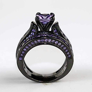 ringheart Luxury Couple Rings Black Gold Filled Princess Cut Purple Cz Womens Wedding Ring Sets Man Tungsten Wedding Band