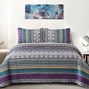 WONGS BEDDING Boho Quilt Set Full Size, Purple Bohemian 3 Pieces Quilt Sets, Lightweight Summer Bedspread Coverlet Bedding Set for All Season (90"x78")