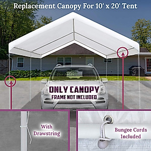 BenefitUSA 10x20 ft Carport Replacement Canopy Garage Top Cover Tent Shelter Tarp with Ball Bungee Cords, Canopy Only (w/Edge)