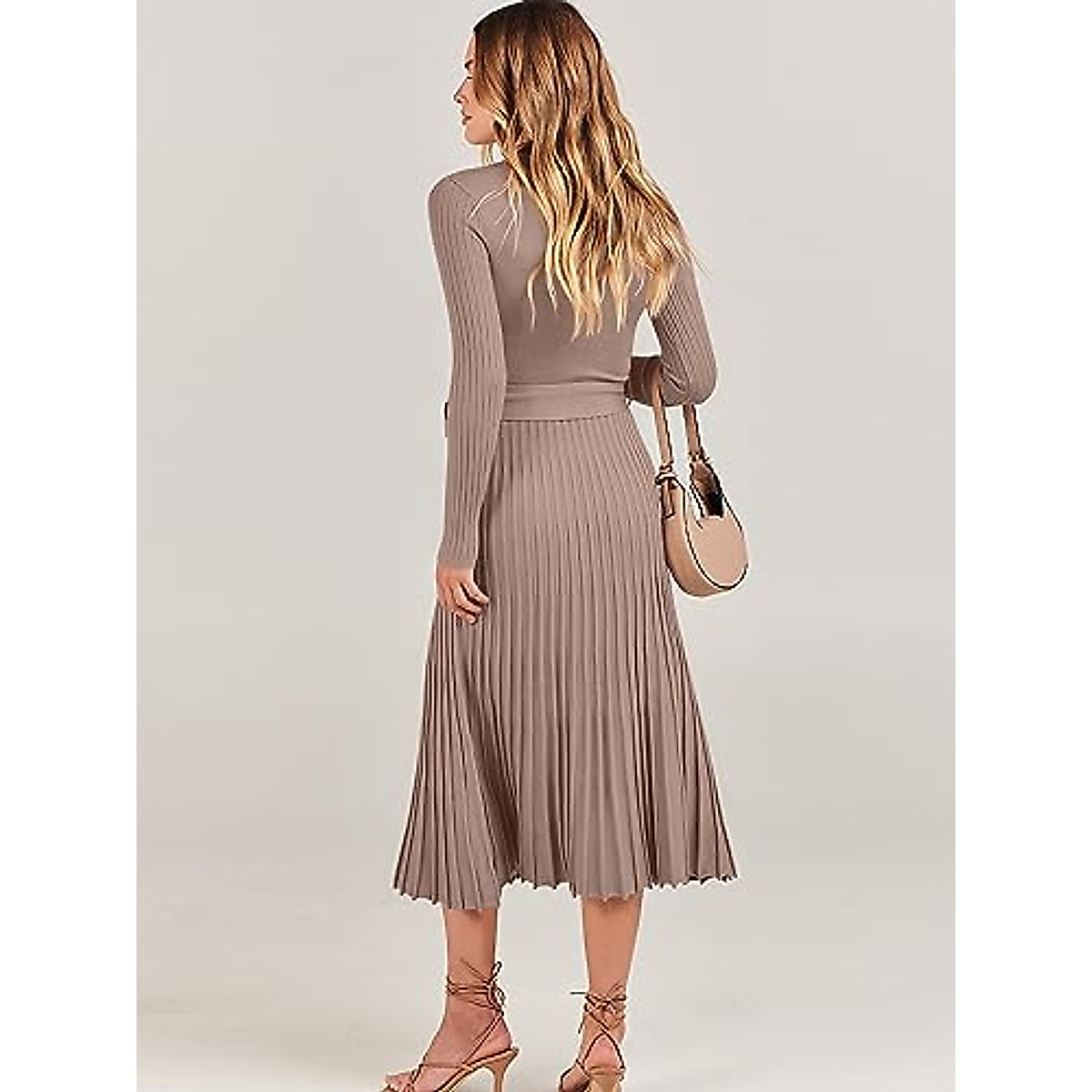 ANRABESS Long Sleeve Sweater Dress 2023 Fall Wrap Pleated V Neck Work Office A Line Tie Waist Soild Color Belted Ribbed Knit Bodycon Midi Sweater Dress 937doukou-XL